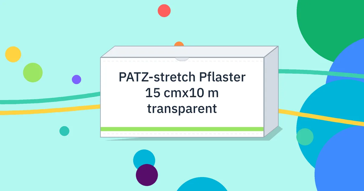 Symbolbild: Packung mit der Aufschrift PATZ-stretch Pflaster 15 cmx10 m transparent (PZN 06813543) – Verfügbarkeit und Bezug in Apotheken in Frankfurt am Main