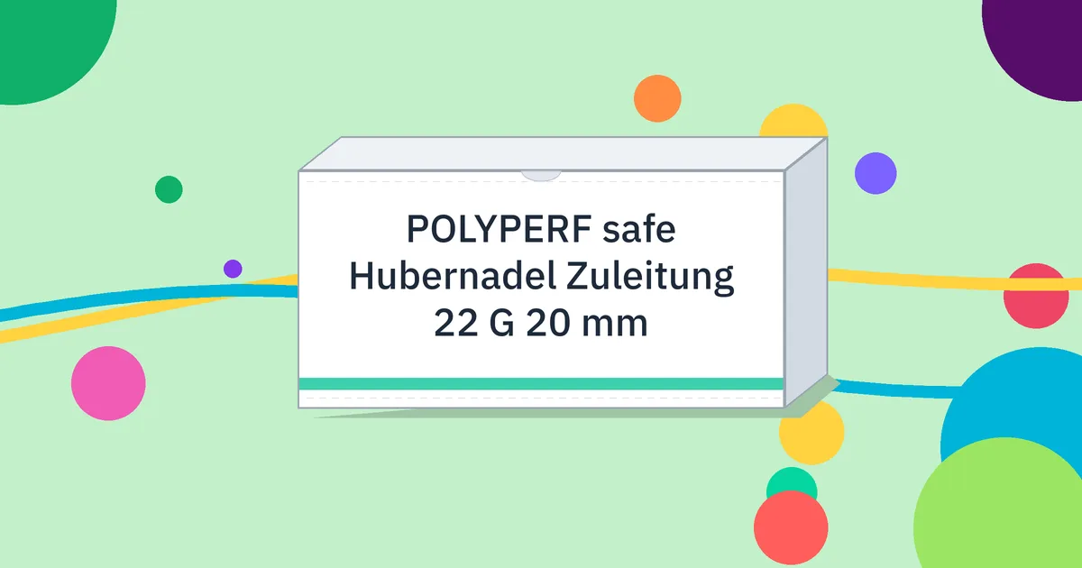 Symbolbild: Packung mit der Aufschrift POLYPERF safe Hubernadel Zuleitung 22 G 20 mm (PZN 13866422) – Verfügbarkeit und Bezug in Apotheken in Frankfurt am Main