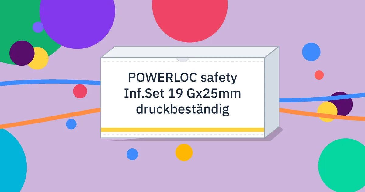 Symbolbild: Packung mit der Aufschrift POWERLOC safety Inf.Set 19 Gx25mm druckbeständig (PZN 18816601) – Verfügbarkeit und Bezug in Apotheken in Frankfurt am Main