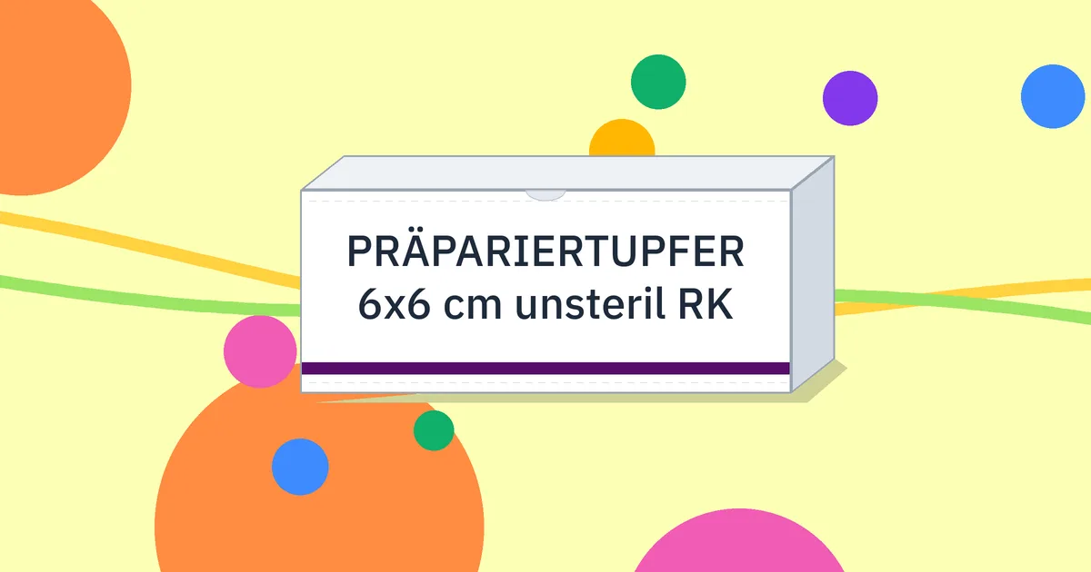 Symbolbild: Packung mit der Aufschrift PRÄPARIERTUPFER 6x6 cm unsteril RK (PZN 13583457) – Verfügbarkeit und Bezug in Apotheken in Frankfurt am Main
