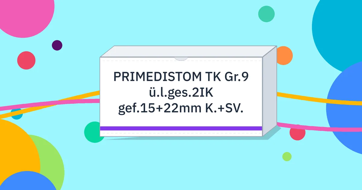 Symbolbild: Packung mit der Aufschrift PRIMEDISTOM TK Gr.9 ü.l.ges.2IK gef.15+22mm K.+SV. (PZN 10928482) – Verfügbarkeit und Bezug in Apotheken in Frankfurt am Main