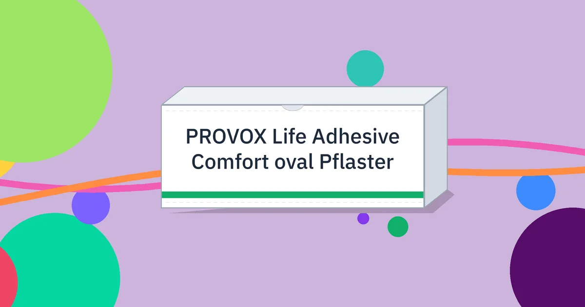 Symbolbild: Packung mit der Aufschrift PROVOX Life Adhesive Comfort oval Pflaster (PZN 20517923) – Verfügbarkeit und Bezug in Apotheken in Frankfurt am Main