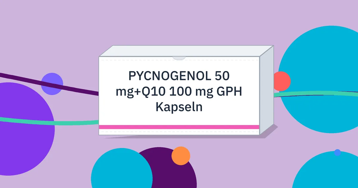 Symbolbild: Packung mit der Aufschrift PYCNOGENOL 50 mg+Q10 100 mg GPH Kapseln (PZN 01161047) – Verfügbarkeit und Bezug in Apotheken in Frankfurt am Main