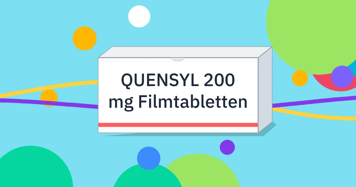 Symbolbild: Packung mit der Aufschrift QUENSYL 200 mg Filmtabletten (PZN 04596863) – Verfügbarkeit und Bezug in Apotheken in Frankfurt am Main
