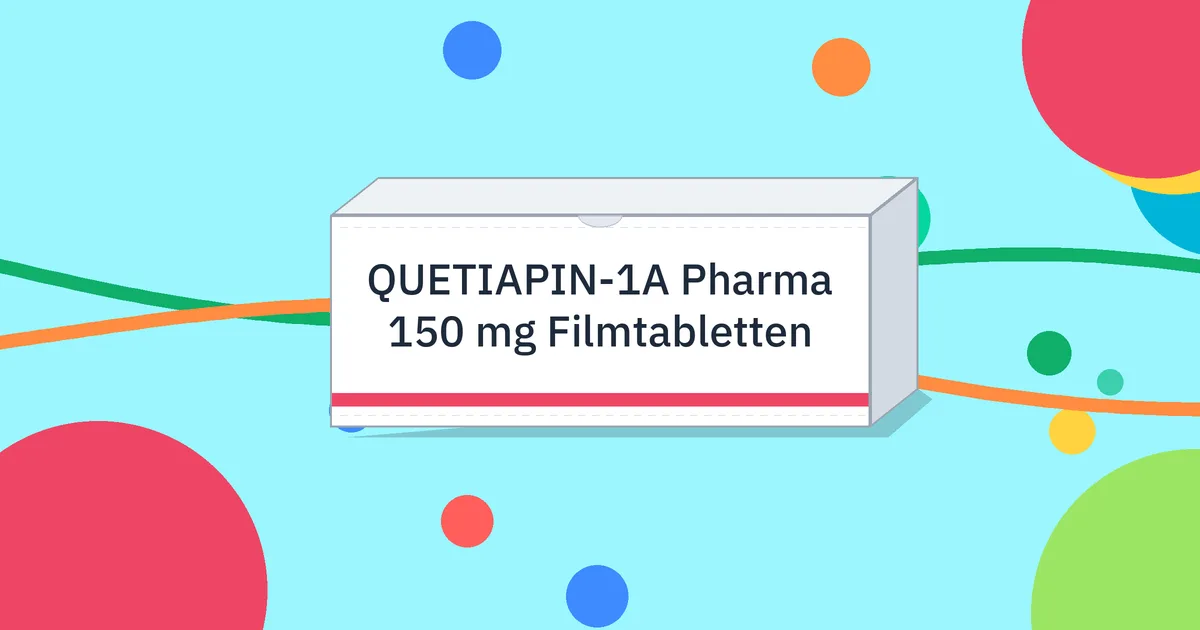 Symbolbild: Packung mit der Aufschrift QUETIAPIN-1A Pharma 150 mg Filmtabletten (PZN 09494831) – Verfügbarkeit und Bezug in Apotheken in Frankfurt am Main