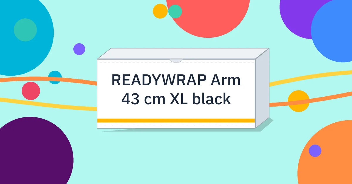 Symbolbild: Packung mit der Aufschrift READYWRAP Arm 43 cm XL black (PZN 16567418) – Verfügbarkeit und Bezug in Apotheken in Frankfurt am Main