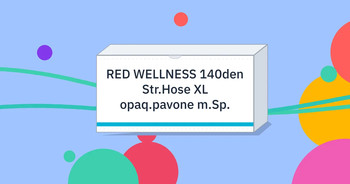 Symbolbild: Packung mit der Aufschrift RED WELLNESS 140den Str.Hose XL opaq.pavone m.Sp. (PZN 16176385) – Verfügbarkeit und Bezug in Apotheken in Frankfurt am Main