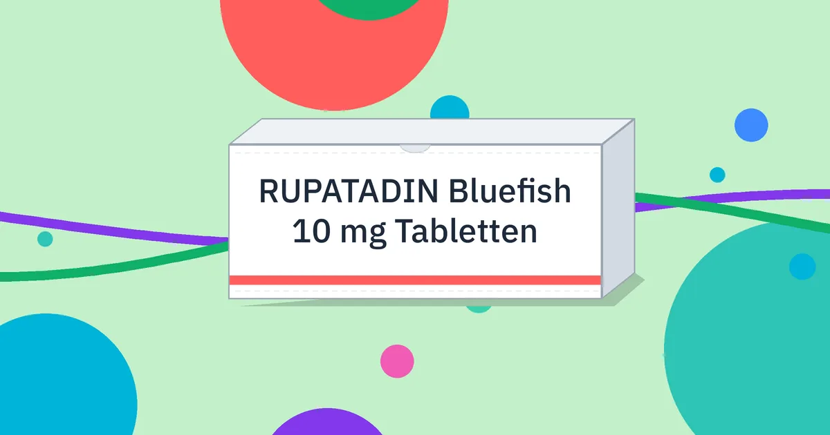 Symbolbild: Packung mit der Aufschrift RUPATADIN Bluefish 10 mg Tabletten (PZN 13247908) – Verfügbarkeit und Bezug in Apotheken in Frankfurt am Main