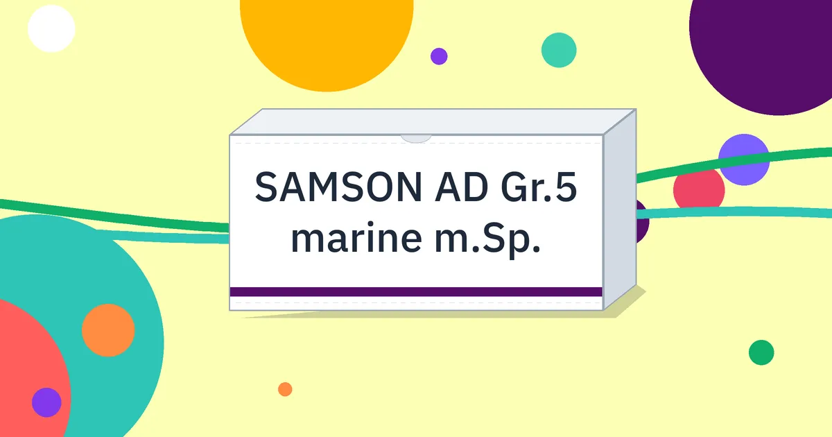 Symbolbild: Packung mit der Aufschrift SAMSON AD Gr.5 marine m.Sp. (PZN 14248844) – Verfügbarkeit und Bezug in Apotheken in Frankfurt am Main