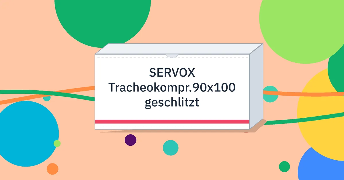 Symbolbild: Packung mit der Aufschrift SERVOX Tracheokompr.90x100 geschlitzt (PZN 07786713) – Verfügbarkeit und Bezug in Apotheken in Frankfurt am Main