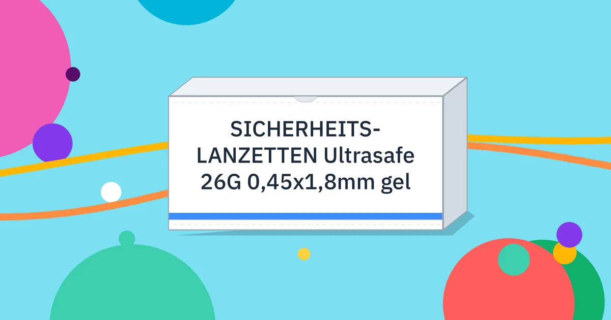 Symbolbild: Packung mit der Aufschrift SICHERHEITS-LANZETTEN Ultrasafe 26G 0,45x1,8mm gel (PZN 19264842) – Verfügbarkeit und Bezug in Apotheken in Frankfurt am Main