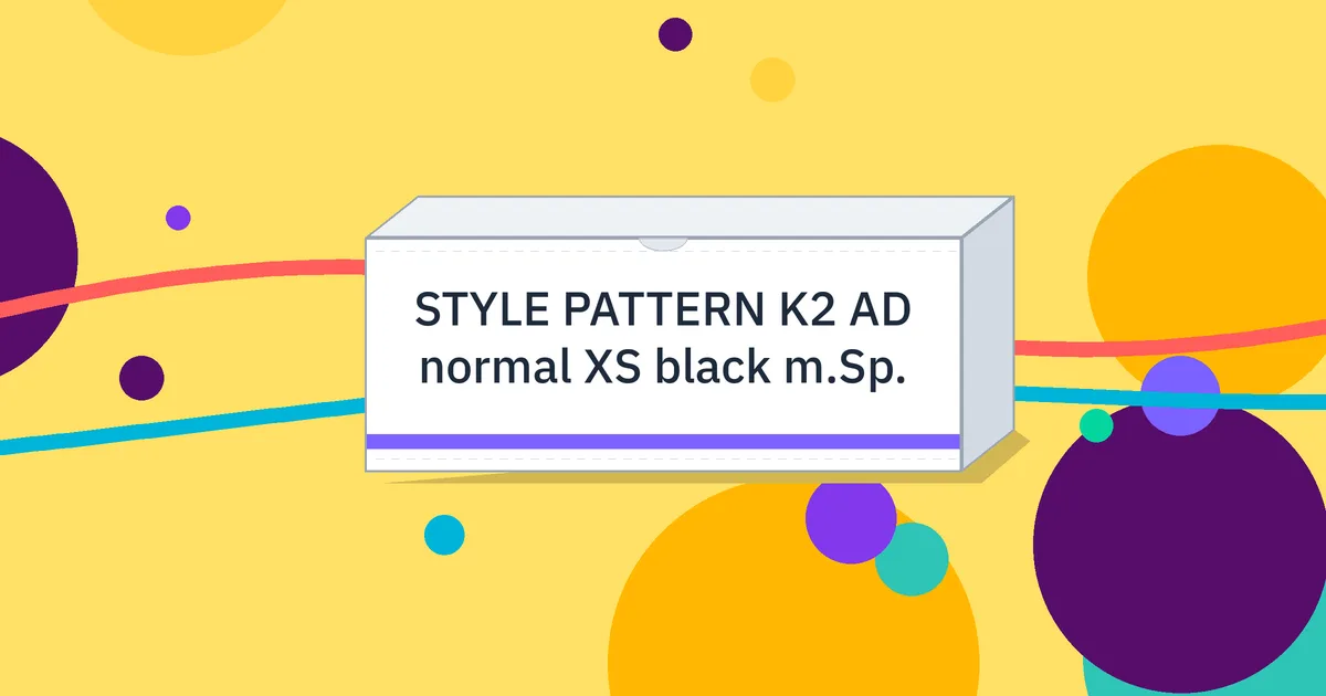 Symbolbild: Packung mit der Aufschrift STYLE PATTERN K2 AD normal XS black m.Sp. (PZN 19695186) – Verfügbarkeit und Bezug in Apotheken in Frankfurt am Main