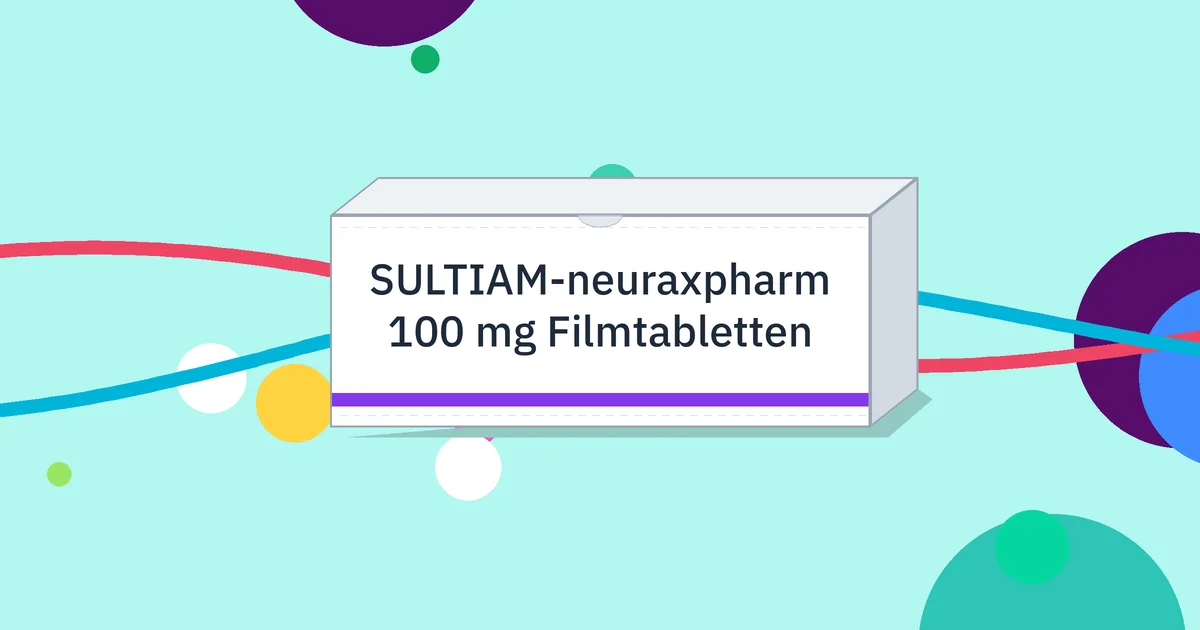 Symbolbild: Packung mit der Aufschrift SULTIAM-neuraxpharm 100 mg Filmtabletten (PZN 12547413) – Verfügbarkeit und Bezug in Apotheken in Frankfurt am Main