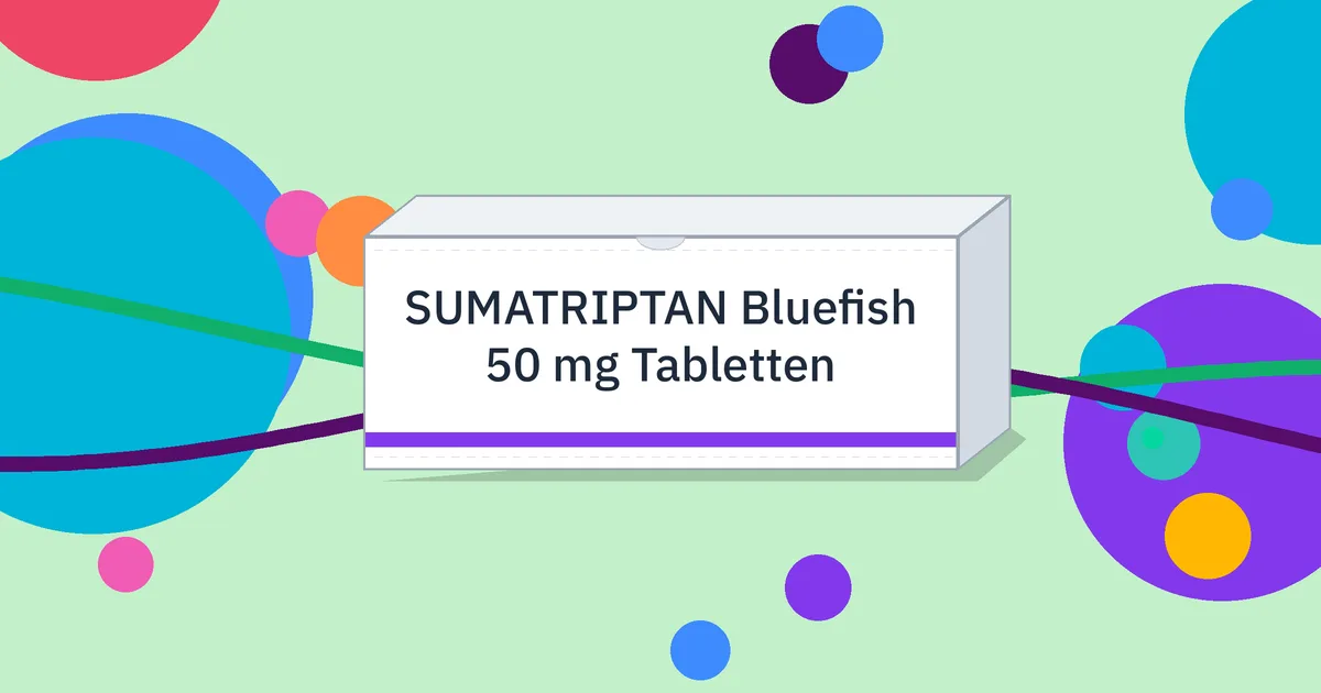 Symbolbild: Packung mit der Aufschrift SUMATRIPTAN Bluefish 50 mg Tabletten (PZN 06883213) – Verfügbarkeit und Bezug in Apotheken in Frankfurt am Main
