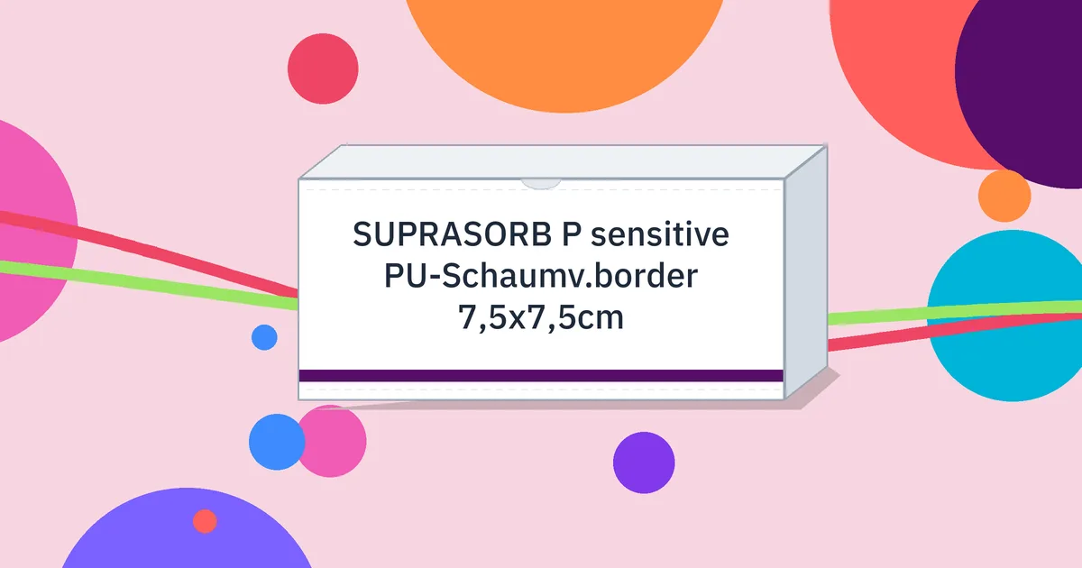 Symbolbild: Packung mit der Aufschrift SUPRASORB P sensitive PU-Schaumv.border 7,5x7,5cm (PZN 09104043) – Verfügbarkeit und Bezug in Apotheken in Frankfurt am Main