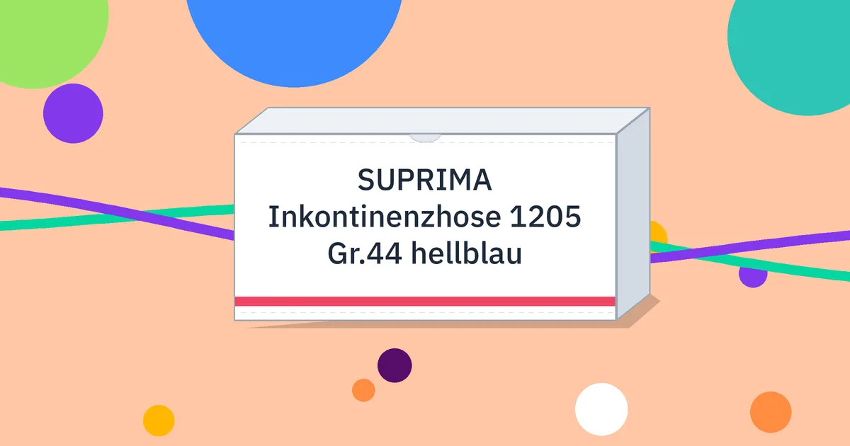 Symbolbild: Packung mit der Aufschrift SUPRIMA Inkontinenzhose 1205 Gr.44 hellblau (PZN 03020411) – Verfügbarkeit und Bezug in Apotheken in Frankfurt am Main