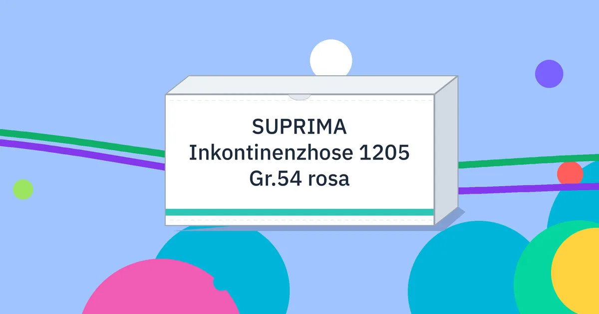 Symbolbild: Packung mit der Aufschrift SUPRIMA Inkontinenzhose 1205 Gr.54 rosa (PZN 03019750) – Verfügbarkeit und Bezug in Apotheken in Frankfurt am Main