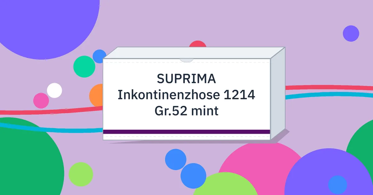 Symbolbild: Packung mit der Aufschrift SUPRIMA Inkontinenzhose 1214 Gr.52 mint (PZN 07633441) – Verfügbarkeit und Bezug in Apotheken in Frankfurt am Main