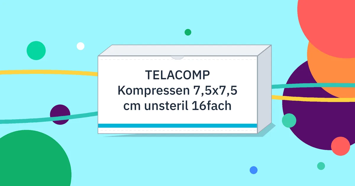 Symbolbild: Packung mit der Aufschrift TELACOMP Kompressen 7,5x7,5 cm unsteril 16fach (PZN 19890232) – Verfügbarkeit und Bezug in Apotheken in Frankfurt am Main