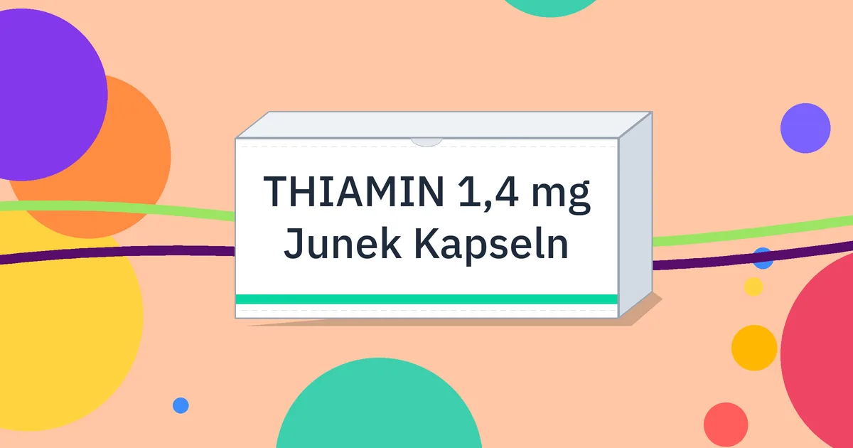 Symbolbild: Packung mit der Aufschrift THIAMIN 1,4 mg Junek Kapseln (PZN 20281484) – Verfügbarkeit und Bezug in Apotheken in Frankfurt am Main
