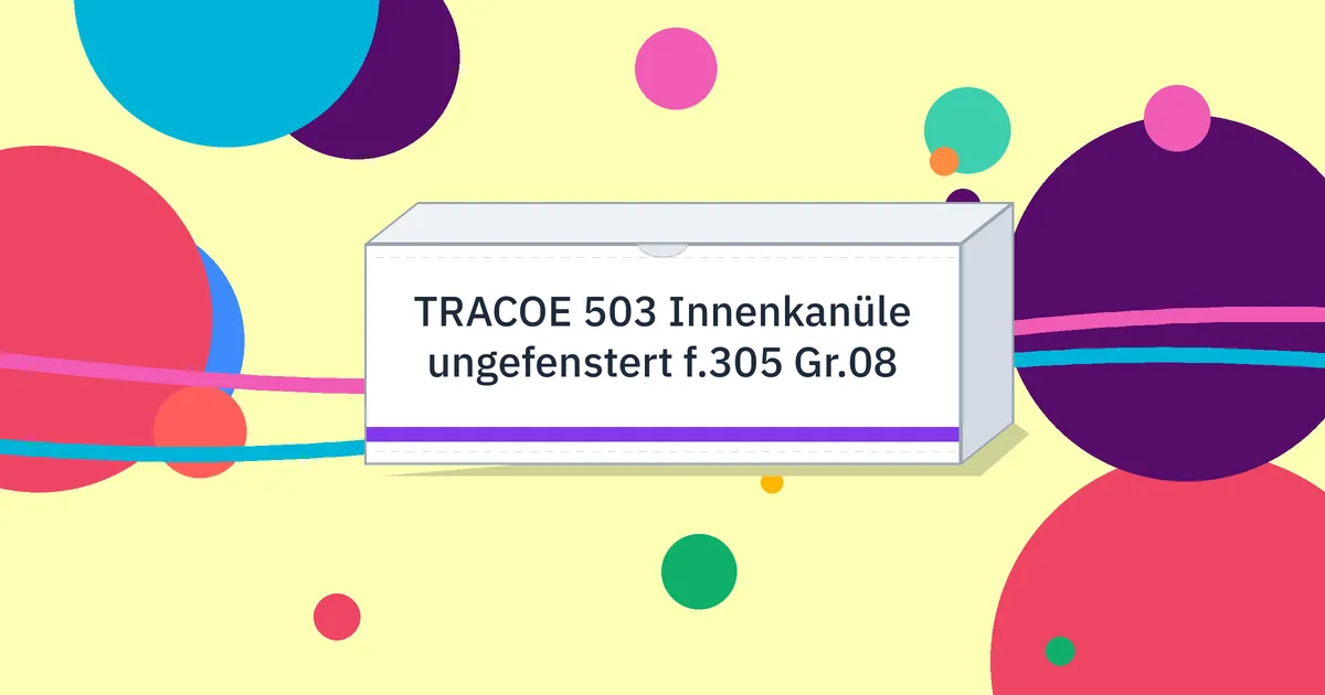 Symbolbild: Packung mit der Aufschrift TRACOE 503 Innenkanüle ungefenstert f.305 Gr.08 (PZN 02722973) – Verfügbarkeit und Bezug in Apotheken in Frankfurt am Main