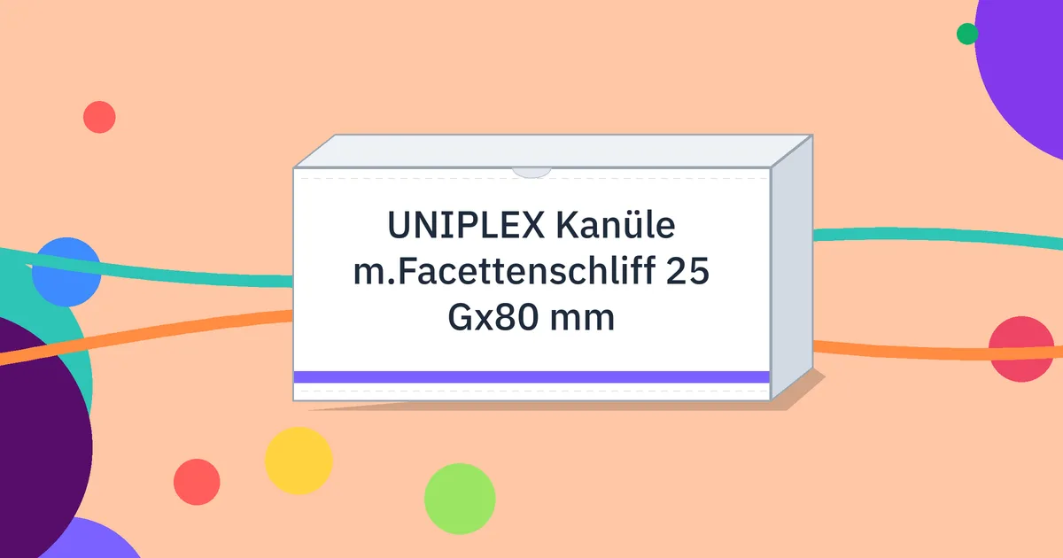 Symbolbild: Packung mit der Aufschrift UNIPLEX Kanüle m.Facettenschliff 25 Gx80 mm (PZN 03944405) – Verfügbarkeit und Bezug in Apotheken in Frankfurt am Main