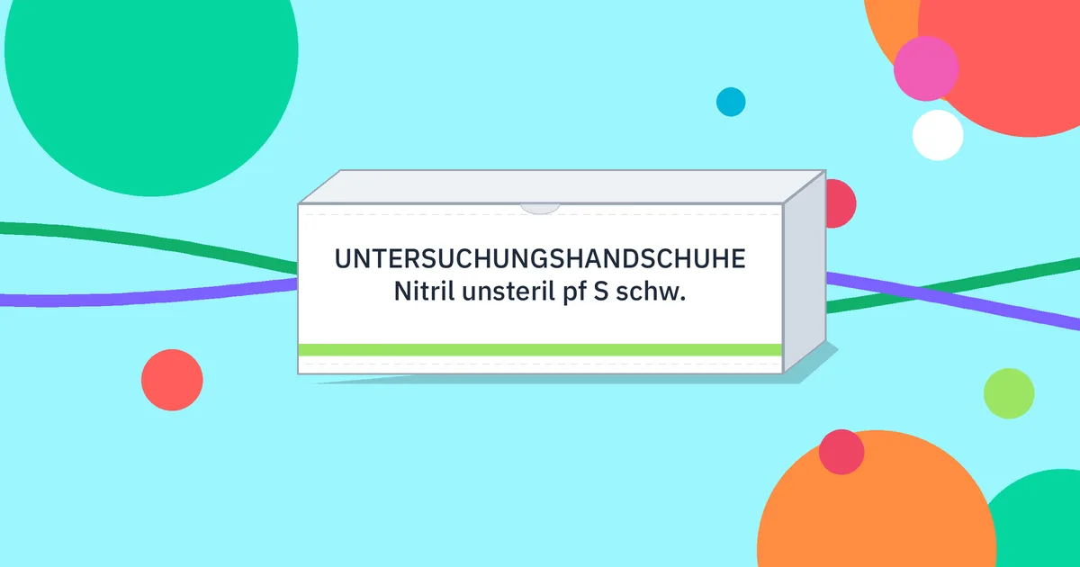 Symbolbild: Packung mit der Aufschrift UNTERSUCHUNGSHANDSCHUHE Nitril unsteril pf S schw. (PZN 14399968) – Verfügbarkeit und Bezug in Apotheken in Frankfurt am Main