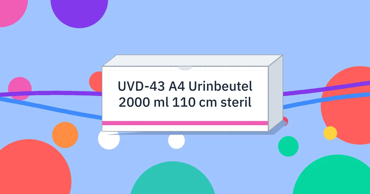 Symbolbild: Packung mit der Aufschrift UVD-43 A4 Urinbeutel 2000 ml 110 cm steril (PZN 14267221) – Verfügbarkeit und Bezug in Apotheken in Frankfurt am Main