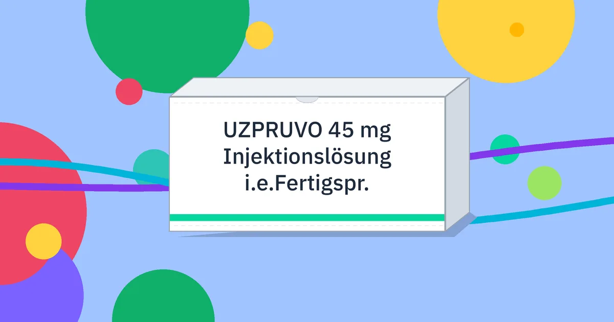 Symbolbild: Packung mit der Aufschrift UZPRUVO 45 mg Injektionslösung i.e.Fertigspr. (PZN 19493063) – Verfügbarkeit und Bezug in Apotheken in Frankfurt am Main