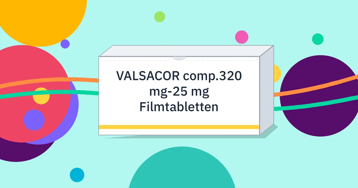 Symbolbild: Packung mit der Aufschrift VALSACOR comp.320 mg-25 mg Filmtabletten (PZN 08473471) – Verfügbarkeit und Bezug in Apotheken in Frankfurt am Main