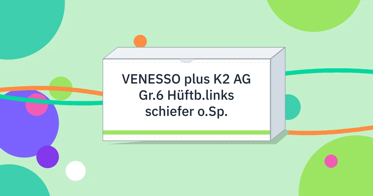 Symbolbild: Packung mit der Aufschrift VENESSO plus K2 AG Gr.6 Hüftb.links schiefer o.Sp. (PZN 03297791) – Verfügbarkeit und Bezug in Apotheken in Frankfurt am Main