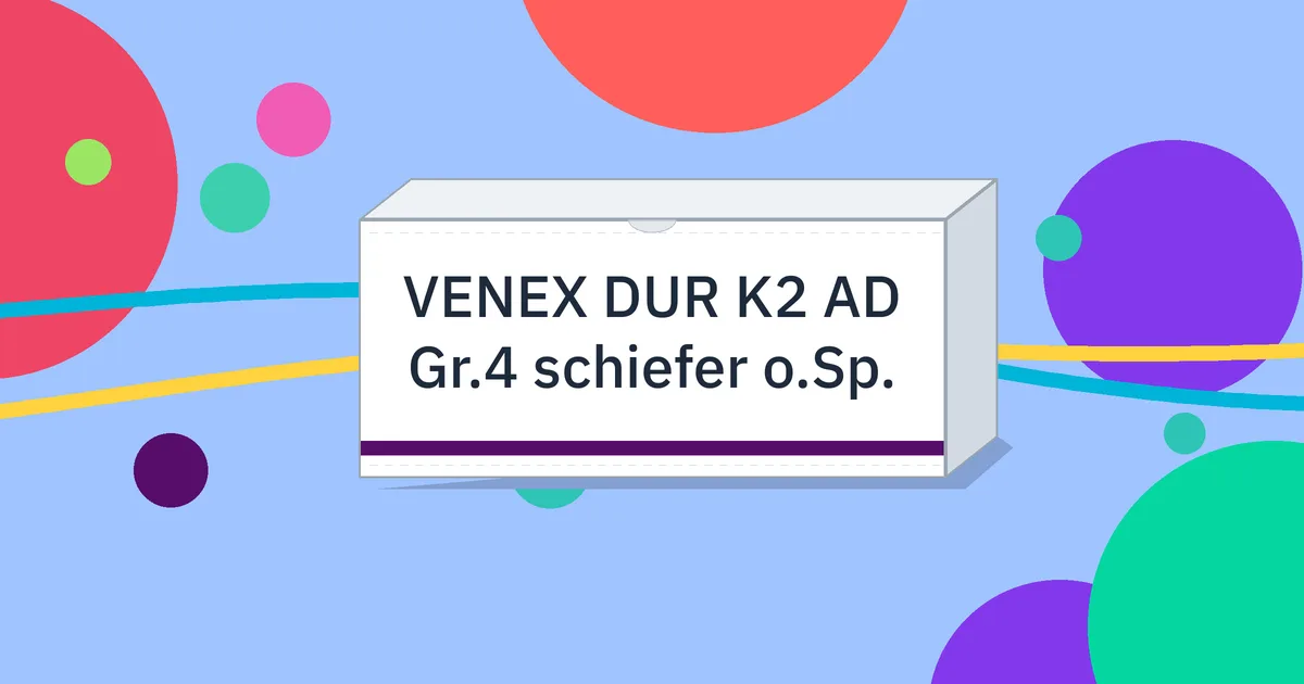Symbolbild: Packung mit der Aufschrift VENEX DUR K2 AD Gr.4 schiefer o.Sp. (PZN 03211944) – Verfügbarkeit und Bezug in Apotheken in Frankfurt am Main