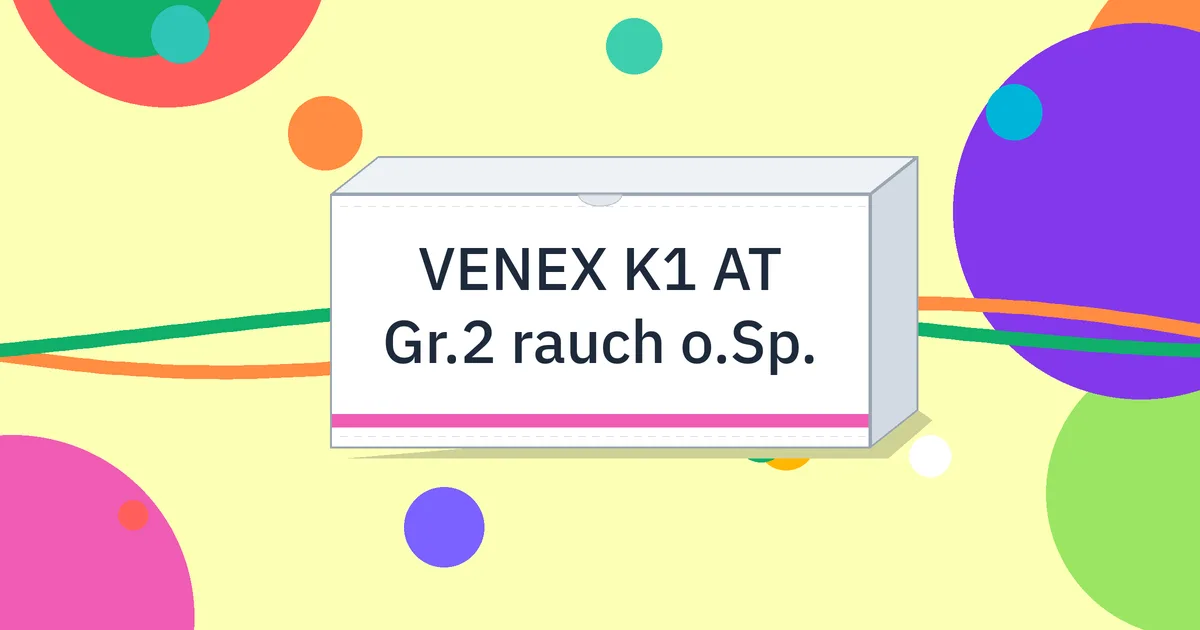 Symbolbild: Packung mit der Aufschrift VENEX K1 AT Gr.2 rauch o.Sp. (PZN 03197090) – Verfügbarkeit und Bezug in Apotheken in Frankfurt am Main