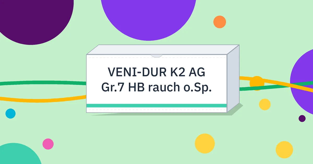 Symbolbild: Packung mit der Aufschrift VENI-DUR K2 AG Gr.7 HB rauch o.Sp. (PZN 03245044) – Verfügbarkeit und Bezug in Apotheken in Frankfurt am Main