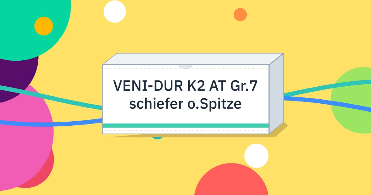 Symbolbild: Packung mit der Aufschrift VENI-DUR K2 AT Gr.7 schiefer o.Spitze (PZN 03244145) – Verfügbarkeit und Bezug in Apotheken in Frankfurt am Main