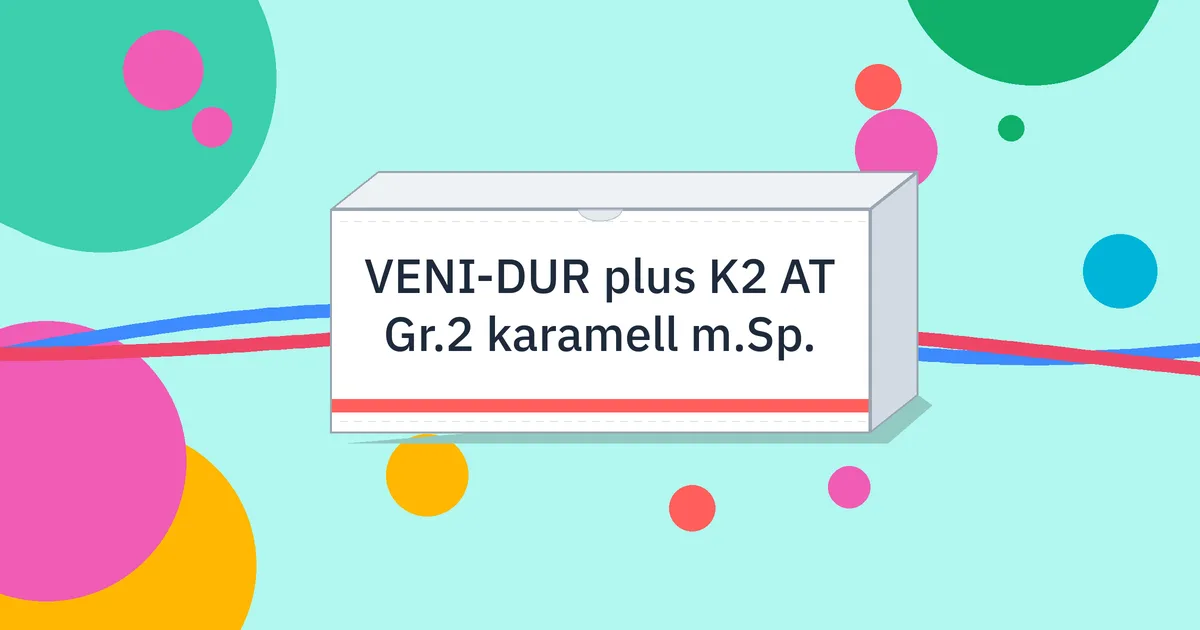 Symbolbild: Packung mit der Aufschrift VENI-DUR plus K2 AT Gr.2 karamell m.Sp. (PZN 13757093) – Verfügbarkeit und Bezug in Apotheken in Frankfurt am Main