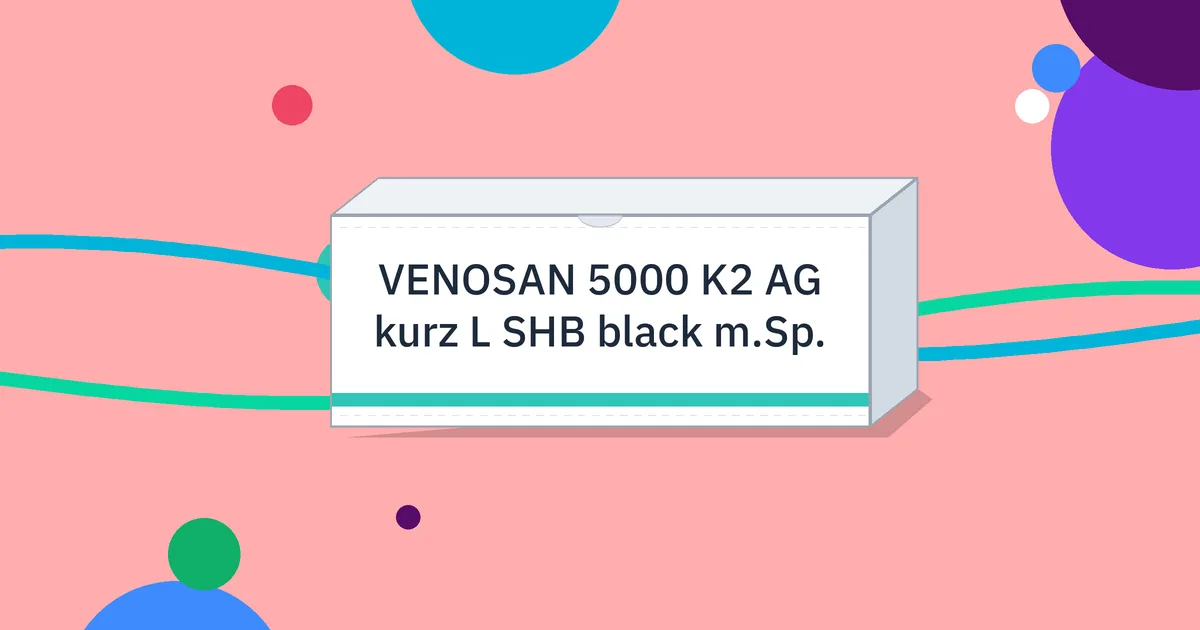 Symbolbild: Packung mit der Aufschrift VENOSAN 5000 K2 AG kurz L SHB black m.Sp. (PZN 14433731) – Verfügbarkeit und Bezug in Apotheken in Frankfurt am Main