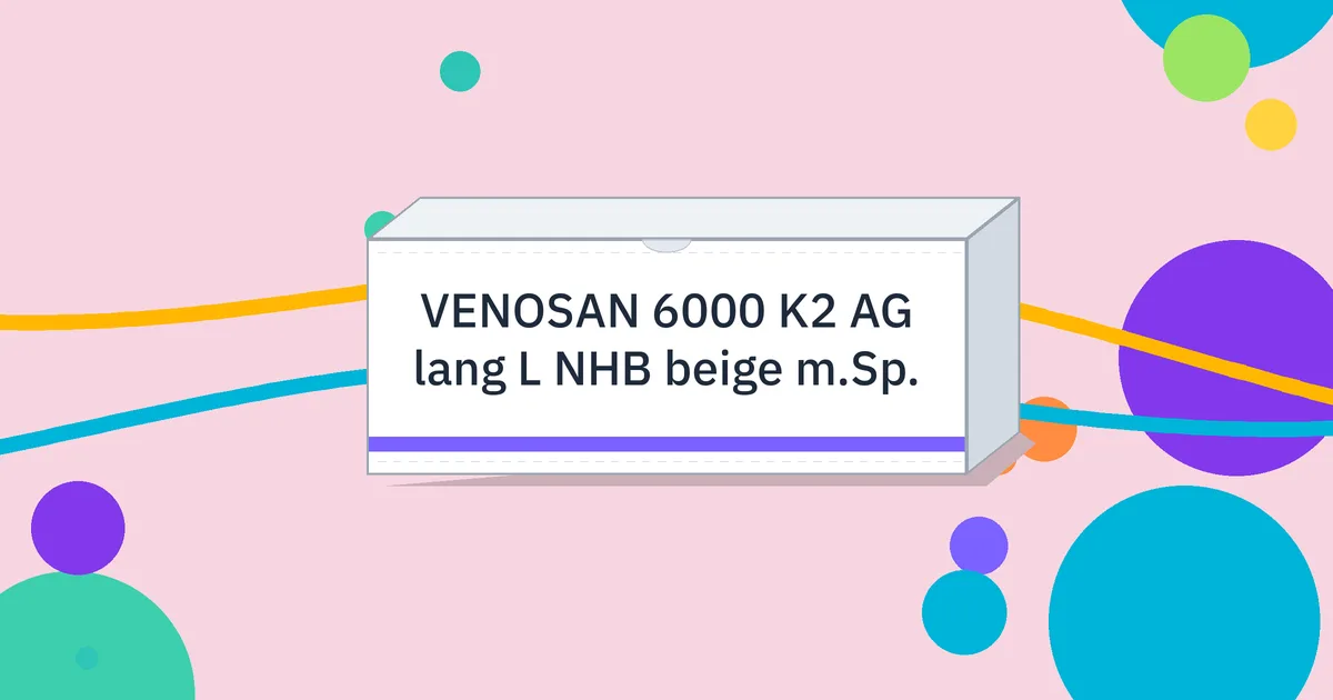 Symbolbild: Packung mit der Aufschrift VENOSAN 6000 K2 AG lang L NHB beige m.Sp. (PZN 17172780) – Verfügbarkeit und Bezug in Apotheken in Frankfurt am Main