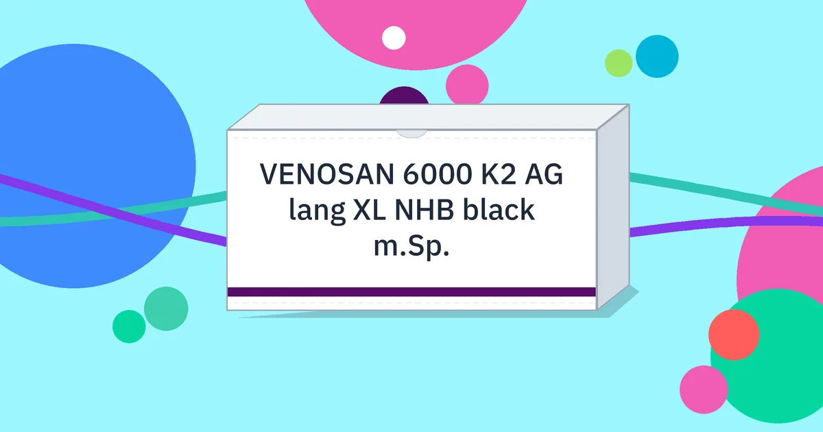 Symbolbild: Packung mit der Aufschrift VENOSAN 6000 K2 AG lang XL NHB black m.Sp. (PZN 17173035) – Verfügbarkeit und Bezug in Apotheken in Frankfurt am Main