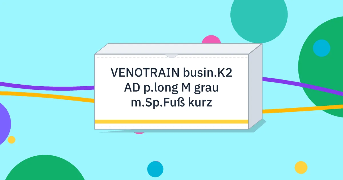 Symbolbild: Packung mit der Aufschrift VENOTRAIN busin.K2 AD p.long M grau m.Sp.Fuß kurz (PZN 19057698) – Verfügbarkeit und Bezug in Apotheken in Frankfurt am Main