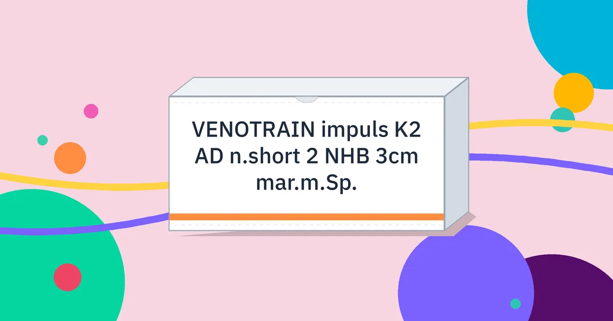 Symbolbild: Packung mit der Aufschrift VENOTRAIN impuls K2 AD n.short 2 NHB 3cm mar.m.Sp. (PZN 15223421) – Verfügbarkeit und Bezug in Apotheken in Frankfurt am Main