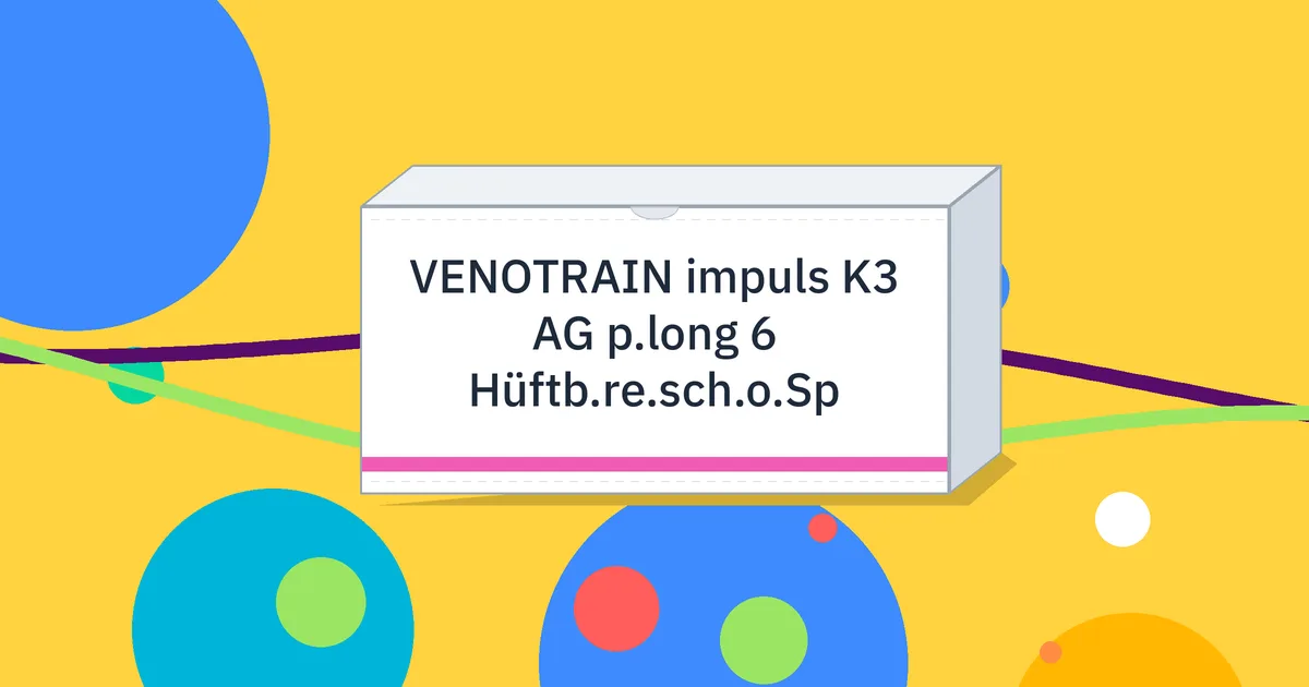 Symbolbild: Packung mit der Aufschrift VENOTRAIN impuls K3 AG p.long 6 Hüftb.re.sch.o.Sp (PZN 10294356) – Verfügbarkeit und Bezug in Apotheken in Frankfurt am Main
