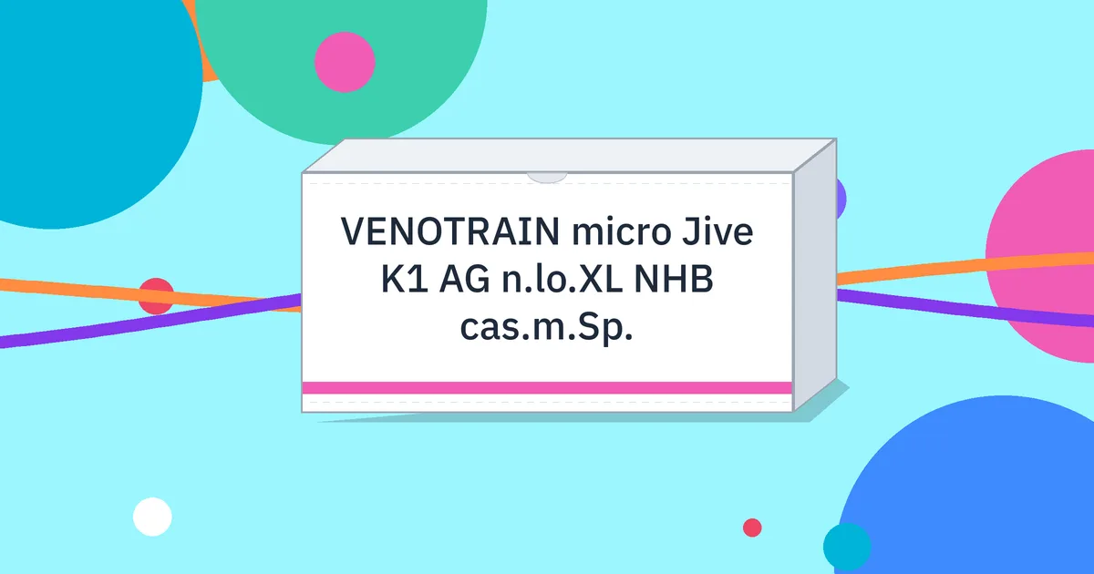 Symbolbild: Packung mit der Aufschrift VENOTRAIN micro Jive K1 AG n.lo.XL NHB cas.m.Sp. (PZN 20767465) – Verfügbarkeit und Bezug in Apotheken in Frankfurt am Main