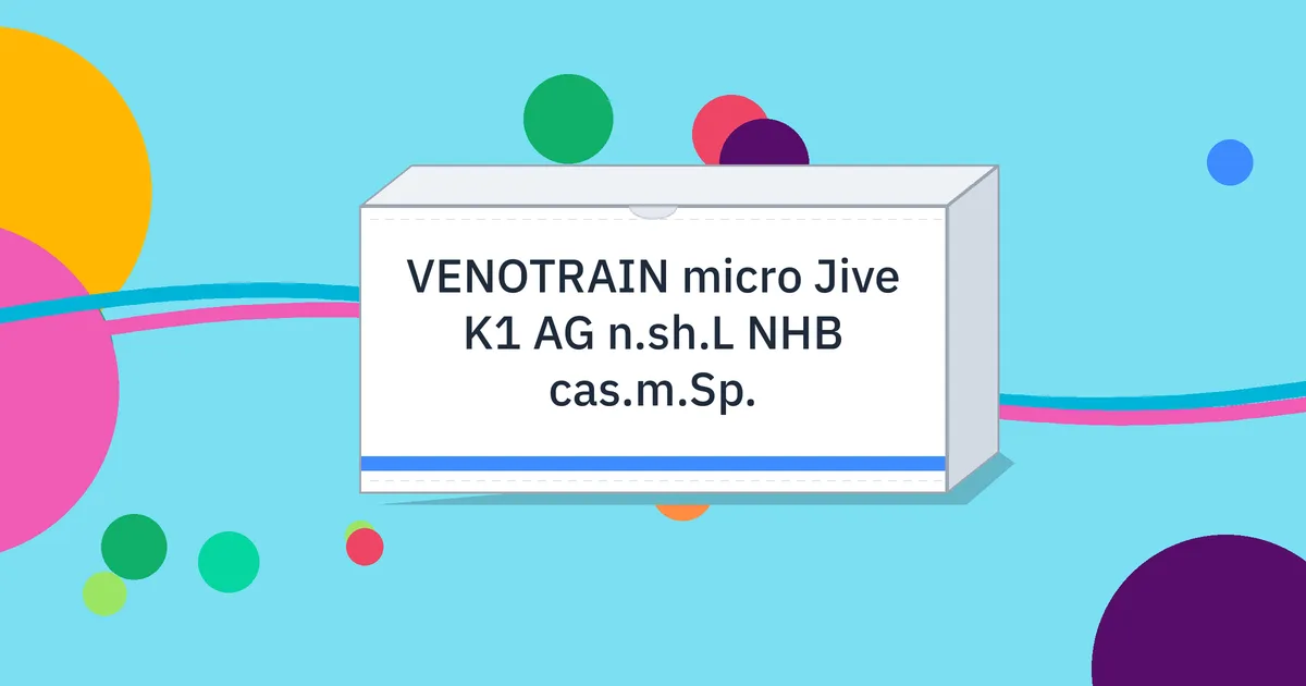 Symbolbild: Packung mit der Aufschrift VENOTRAIN micro Jive K1 AG n.sh.L NHB cas.m.Sp. (PZN 20767407) – Verfügbarkeit und Bezug in Apotheken in Frankfurt am Main