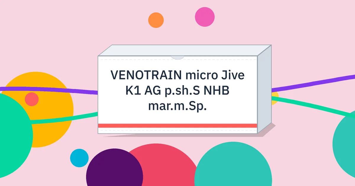 Symbolbild: Packung mit der Aufschrift VENOTRAIN micro Jive K1 AG p.sh.S NHB mar.m.Sp. (PZN 17767326) – Verfügbarkeit und Bezug in Apotheken in Frankfurt am Main