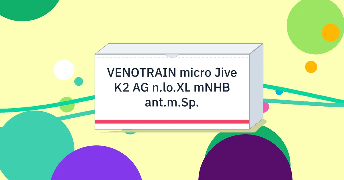 Symbolbild: Packung mit der Aufschrift VENOTRAIN micro Jive K2 AG n.lo.XL mNHB ant.m.Sp. (PZN 17761269) – Verfügbarkeit und Bezug in Apotheken in Frankfurt am Main
