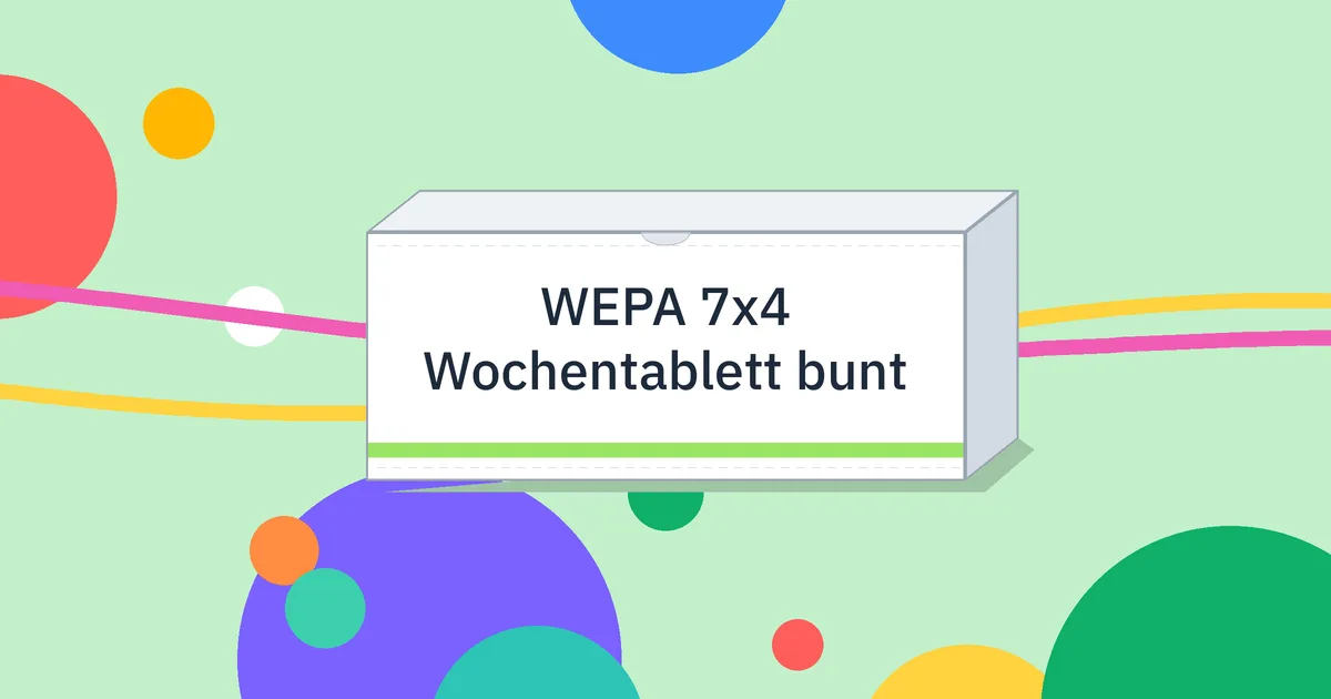 Symbolbild: Packung mit der Aufschrift WEPA 7x4 Wochentablett bunt (PZN 19201468) – Verfügbarkeit und Bezug in Apotheken in Frankfurt am Main