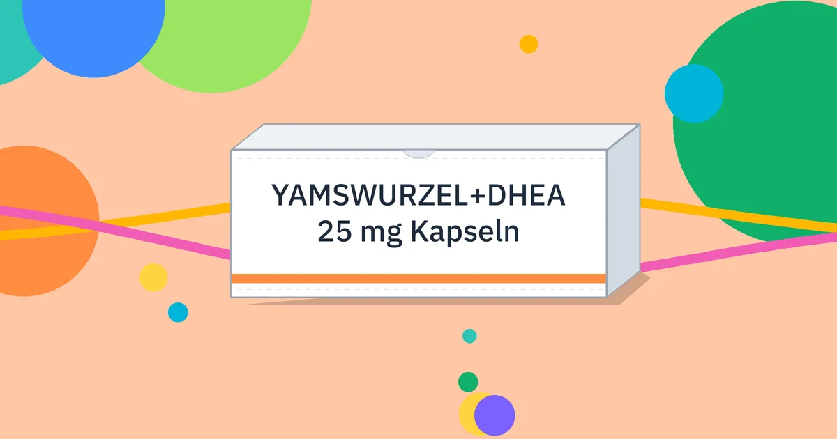 Symbolbild: Packung mit der Aufschrift YAMSWURZEL+DHEA 25 mg Kapseln (PZN 13894660) – Verfügbarkeit und Bezug in Apotheken in Frankfurt am Main