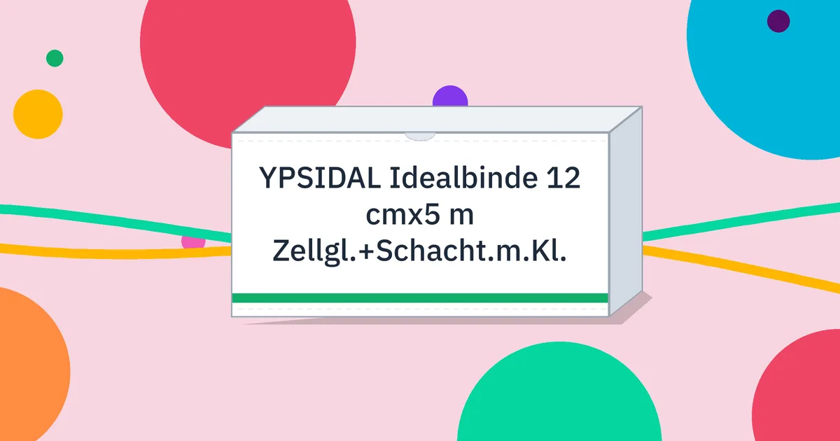 Symbolbild: Packung mit der Aufschrift YPSIDAL Idealbinde 12 cmx5 m Zellgl.+Schacht.m.Kl. (PZN 12603672) – Verfügbarkeit und Bezug in Apotheken in Frankfurt am Main