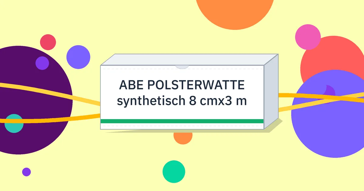 Symbolbild: Packung mit der Aufschrift ABE POLSTERWATTE synthetisch 8 cmx3 m (PZN 04351788) – Verfügbarkeit und Bezug in Apotheken in Frankfurt am Main